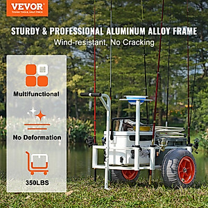 VEVOR Beach Fishing Cart, 350 lbs Load Capacity, Fish and Marine Cart with Two 16" Big Wheels PU Balloon Tires for Sand, Heavy-Duty Aluminum Pier Wagon Trolley with 8 Rod Holders for Fishing, Picnic