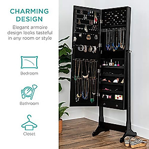 Best Choice Products Standing Mirror Armoire, Lockable Jewelry Storage Organizer Cabinet w/Velvet Interior, 3 Angle Adjustments - Black