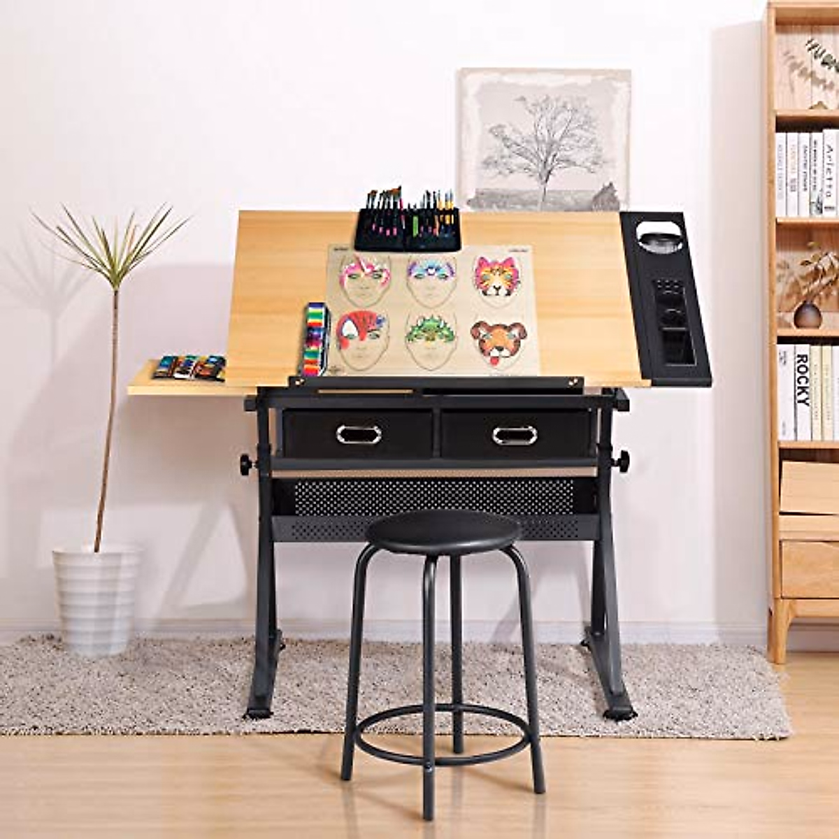 Yaheetech Height Adjustable Drafting Table Drawing Table Artist Desk Tilting Tabletop Art Craft Desk Watercolor Paintings Sketching Work Station w/2 Storage Drawers and Stool for Home Office