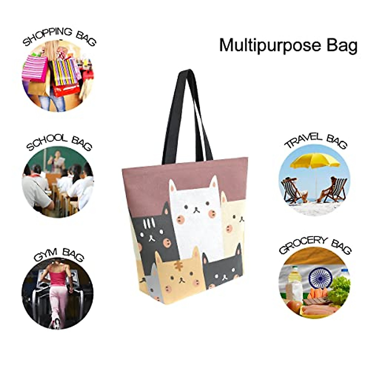 ALAZA Cut Cat Kitten Print Kawaii Large Canvas Tote Bag Shopping Shoulder Handbag with Small Zippered Pocket
