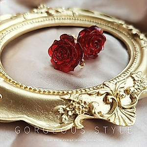 925 Sterling Silver Earrings Rose Flower, Pretty Blooming Carved Red Rose Dangle Earrings Tiny Resin Rose for Women for Teen for Mother