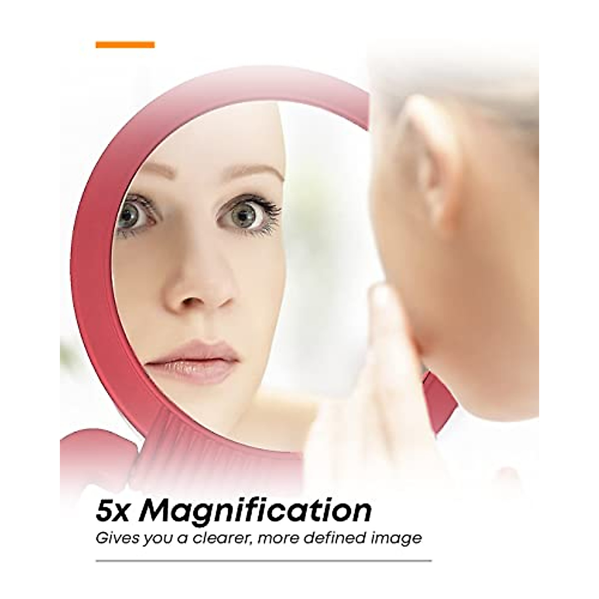Double Sided Magnifying Mirror - Vanity Round Makeup Mirror with 1x and 5x Magnification - Mirror Stand with Adjustable Handle - Light, Compact Mirror - Portable, Standing Mirror for Travel (Red)