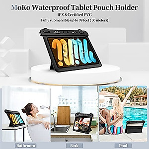 MoKo Waterproof Tablet Case Compatible with Fire HD 8/Fire 7, iPad Mini 6/5/4/3, Galaxy Tab Pro 8.4, Tab S2/Tab E/Tab A 8.0 8.4 Up to 8.5",Stand Holder Dry Bag for Bathroom Kitchen Stand Pouch, Black