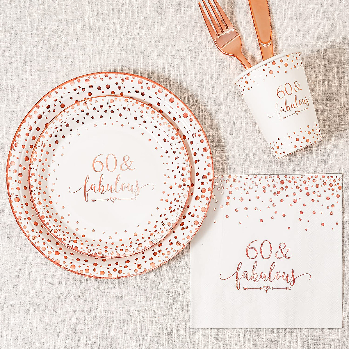 Crisky Rose Gold Foil 60 Fabulous Napkins Plates Cups Set for Women 60th Birthday Party Decorations Supplies, Disposable Tableware Set of 24 (9" Plates, 7" Plates, Luncheon Napkins, 9oz Cups)