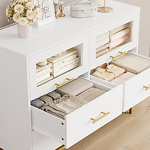 HITHOS White Dresser, 6 Drawer Double Tall Dresser for Bedroom with Fluted Glass Door, Wide Wood Chest of Drawers, Modern Gold Storage Dresser with Sturdy Metal Base for Living Room, Entrway, Hallway