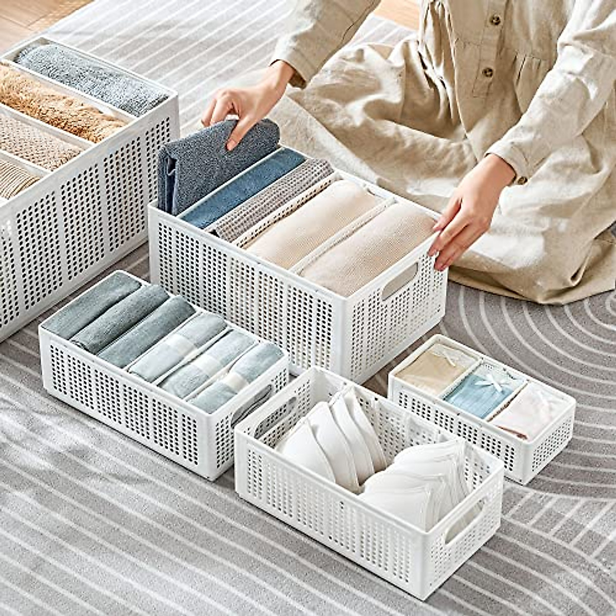 UNZIPE 8 Cube 32 Pairs Plastic Freestanding Shoe Rack Storage Cabinet Bundle with 2 Pack Plastic Closet Storage Bins with Handle