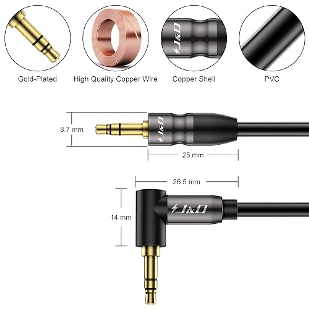 J&D 1/8 Stereo Cable, 3.5mm Extension Double Male Stereo Audio Aux Jack to Jack Cable 90 Degree Right Angle for Phone Tablet MP3 Player and All Other Devices, 10 Feet