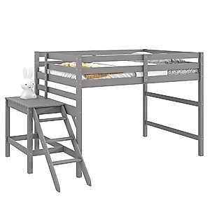 Lifeand Full Loft Wooden Bed with Platform,Ladder,Grey