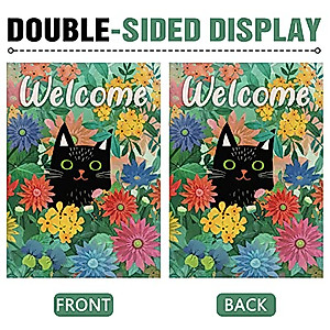Dyrenson Welcome Spring Black Cat Decorative Garden Flag, Kitty House Yard Lawn Daisy Pansy Red Blue Flower Floral Outside Decoration, Summer Seasonal Farmhouse Outdoor Small Burlap Porch Decor 12x18
