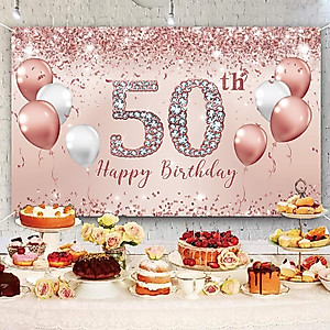 Trgowaul 50th Birthday Decorations for Women, Pink Rose Gold 50th Birthday Banner Backdrop 50 Birthday Party Decorations for Women Turnin 50, 50th Fabulous Birthday Background Birthday Gift for her