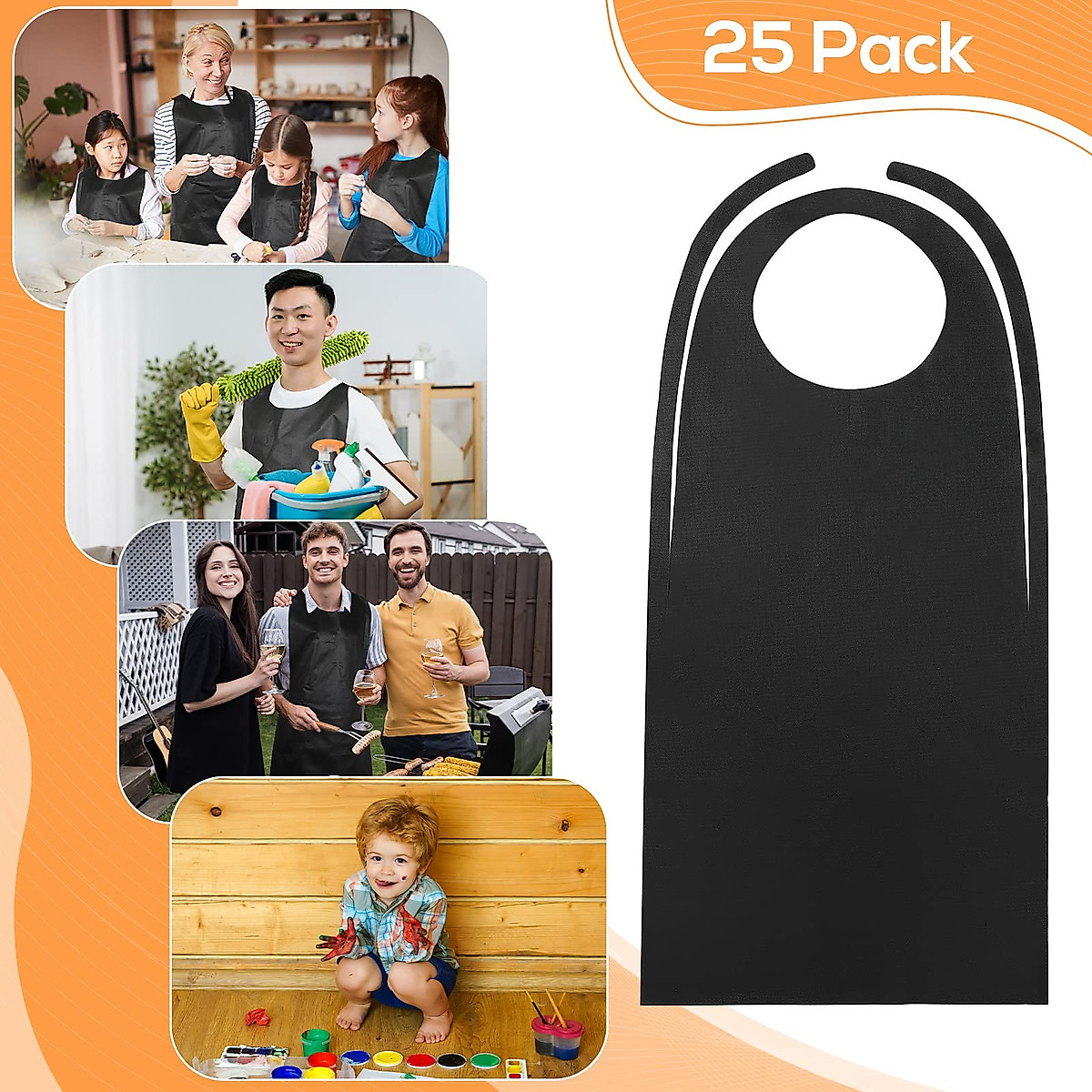 Janmercy 25 Pcs Disposable Black Apron Unisex Bib Apron 20 x 42 Inch Roomy Kitchen Apron for Outdoor Party Cooking BBQ Restaurant Crafting Drawing