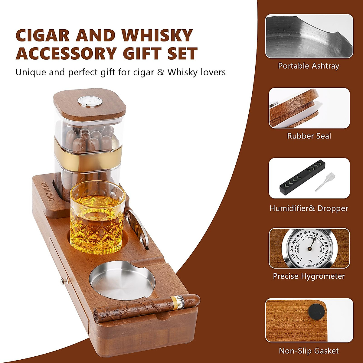 OTAKOKIT Cigar Humidor and Cigar Ashtray Set With Whiskey Coasters, Acrylic Cigar Jar, Humidifier, Drawer, Cigar Holder and Cigar Cutter, Cigar Accessories Decor, Personalized Cigar Gifts for Men