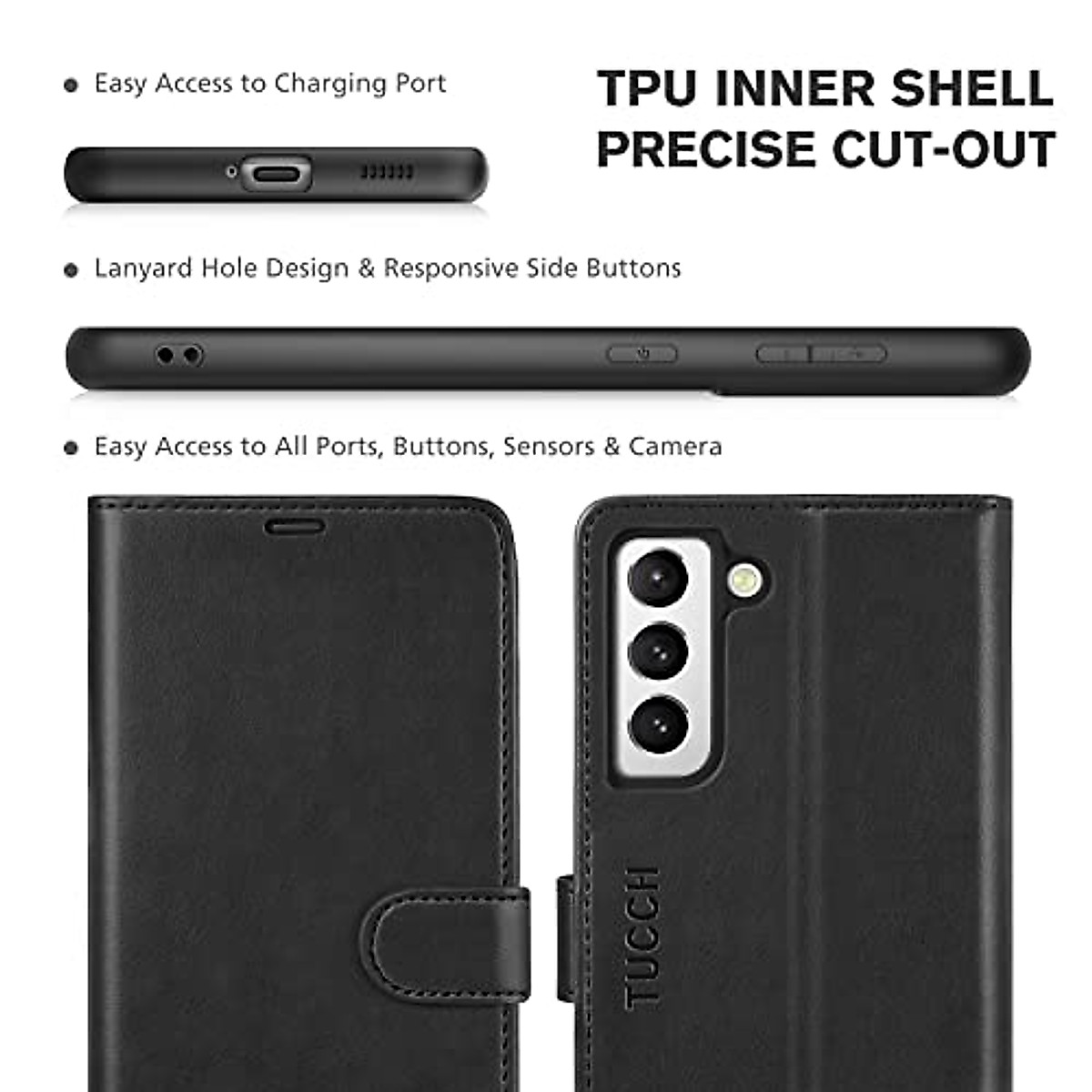 TUCCH Galaxy S21 FE Wallet Case with [TPU Shockproof Interior Case] Stand RFID Credit Card Holder, Magnetic PU Leather Protective Flip Cover Compatible with Galaxy S21FE 5G 6.4-Inch 2022, Black