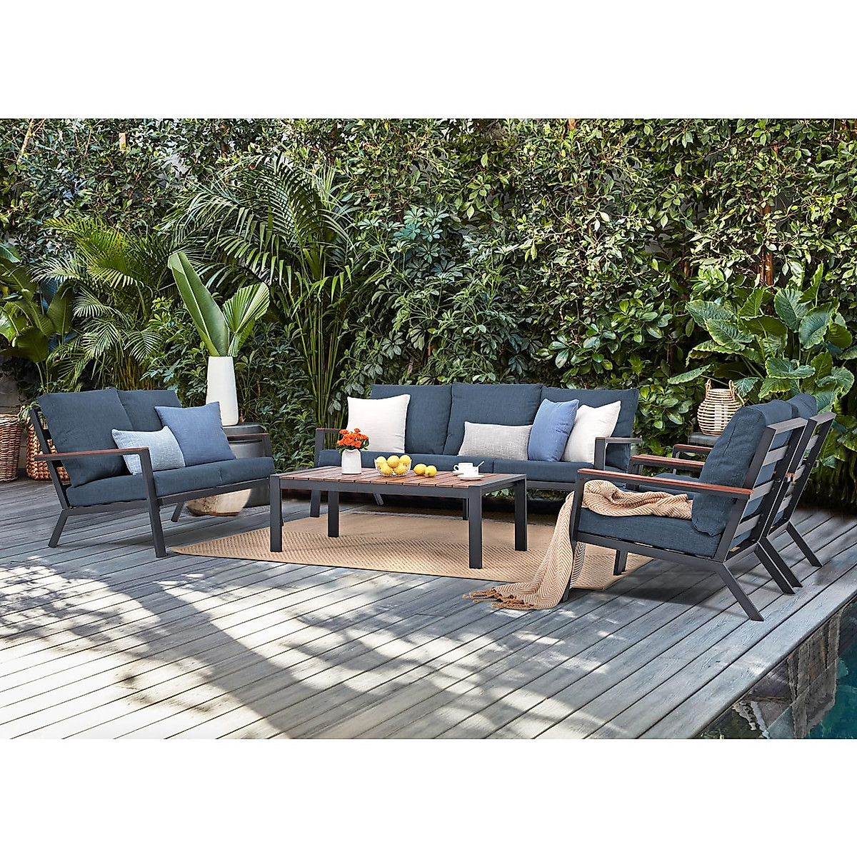 Soleil Jardin Aluminum Patio Furniture Set with FSC Certified Solid Wood Top Armrest & Coffee Table, Outdoor Deep Seating Sectional Sofa, 5 Piece Conversation Sets w/Removable Cushion, Denim Blue