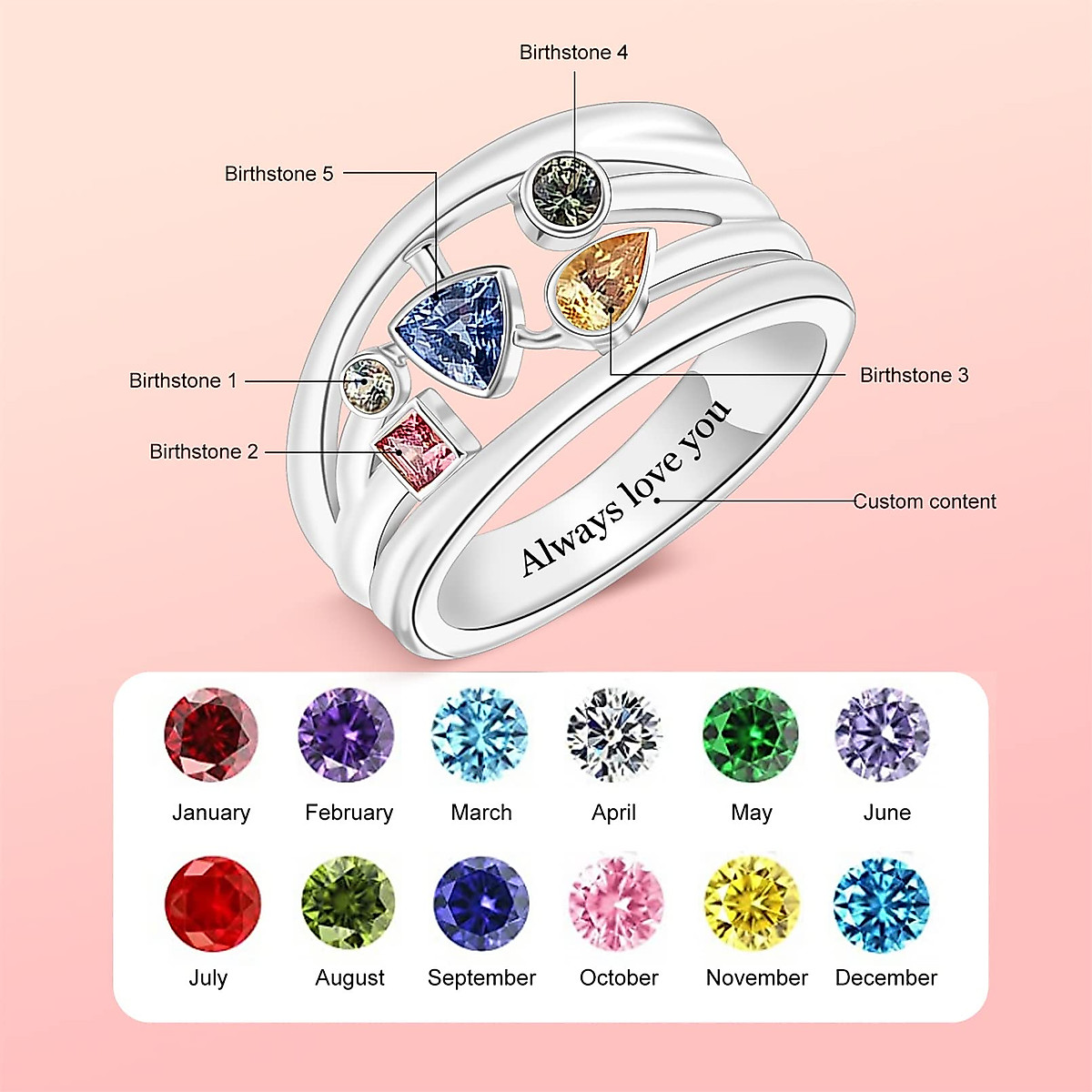 YUYOO Sterling Silver Custom Mothers Ring with 1-8 Simulated Birthstones Personalized Birthstone Ring for Women Custom Family Ring for Mom Wife Grandmother