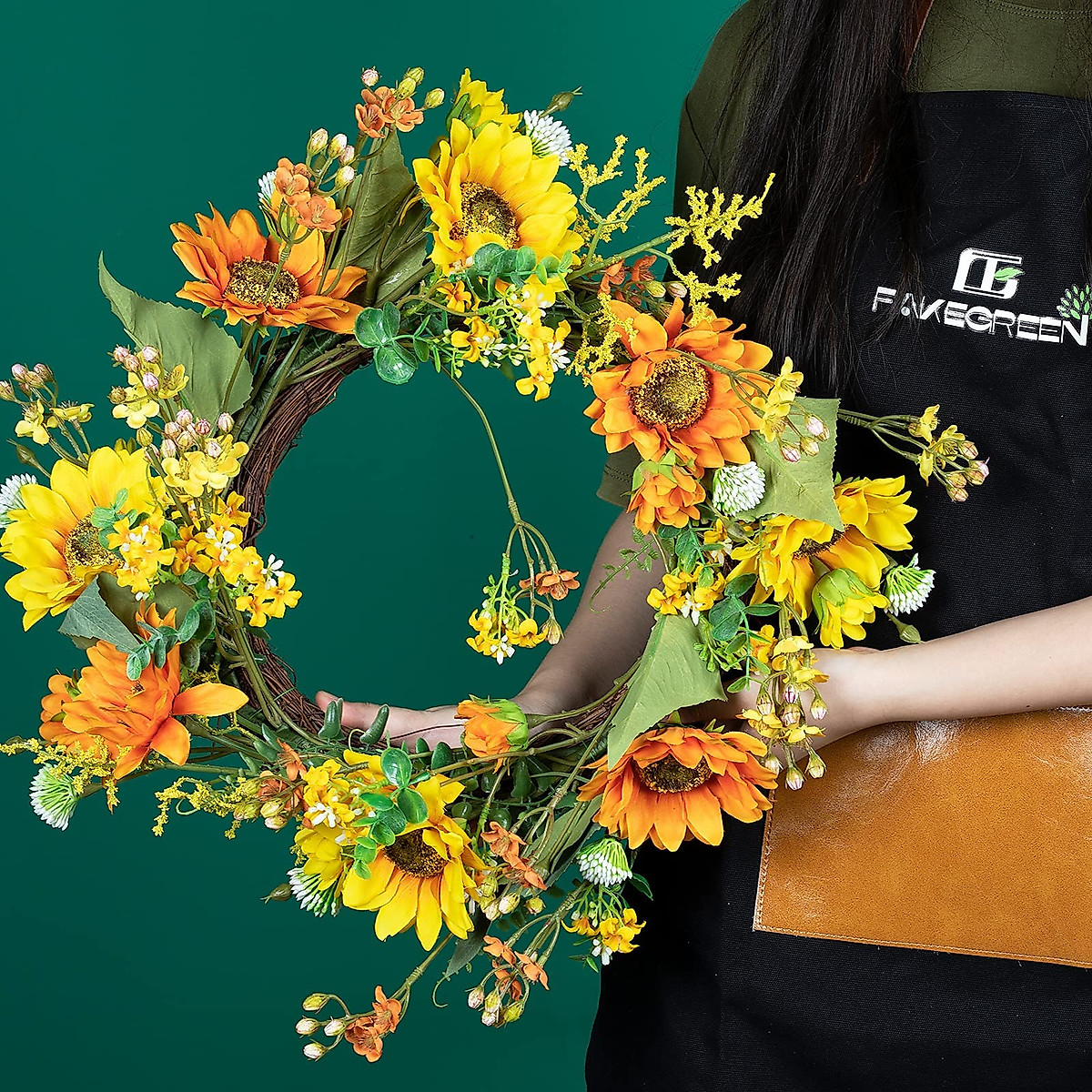 20 Inch Welcome Wreath for Front Door, Artificial Sunflower Garland Wreath Frame Welcome Sign with 8 Flowers and 8 Buds for Home Porch Garden Farmhouse Festival Decorations