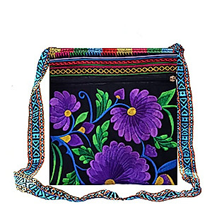 Hobo Purse Crossbody Bag for women, 3 Zipper Pockets Vintage Ethnic Tribal Embroidered Boho Hippie Shoulder Bags for girls,ladies (Purple flower)