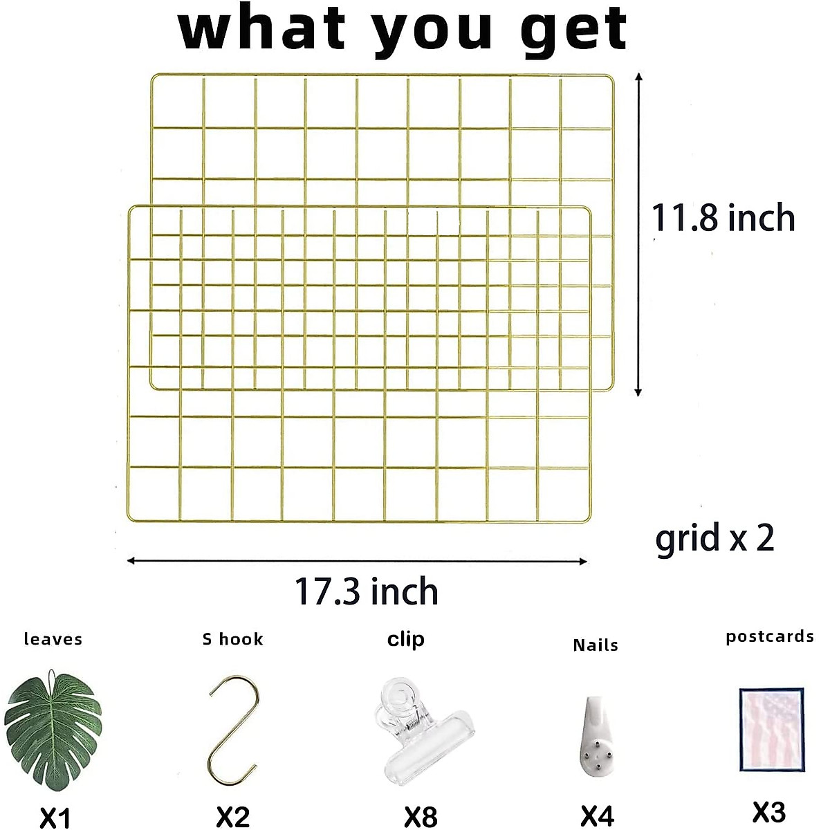 BULYZER Grid Wire Board,for Memo Picture Panel Wall Decoration for Room Office Mat Photo Hanging Art Display Frames Desk Storage Organizer,17.3" x 11.8"(2Pack) (Gold)