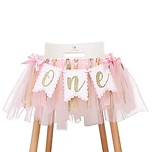 Highchair Banner 1st Birthday Girl - Tulle And Ribbon Banner For First Birthday, Cake Smash Photo Prop, Party Supplies (Pink)