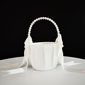 ATAILOVE Flower Girl Basket with Pearl Handle, Ivory Fariy Wedding Baskets for Flower Girls