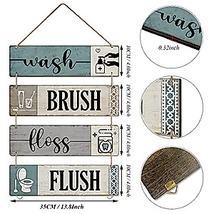 SAC SMARTEN ARTS Bathroom Wall Decor Rustic Bathroom Wall Art Funny Bathroom Wall Hanging Sign - Wash Brush Floss Flush - 4 Pieces Wood Bathroom Decorations for Wall 13.8 x 4 inch