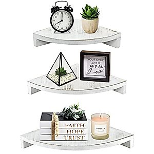 SOLLASI Rustic White Floating Corner Shelves Set of 3, Farmhouse Wooden Corner Wall Shelf, Kitchen Storage Shelf Wall Mount, Hanging Wall Decor Corner Shelf for Bedroom, Living Room, Bathroom, Office