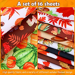 Tatuo 16 Pieces Thanksgiving Fabric Fall Fabric Fat Fabric Bundles Craft Plaid Fabric Squares Patchwork with Pumpkin Maple Patterns for Autumn DIY Sewing Quilting Crafts, 10 x 10 Inch(Vivid Pattern)
