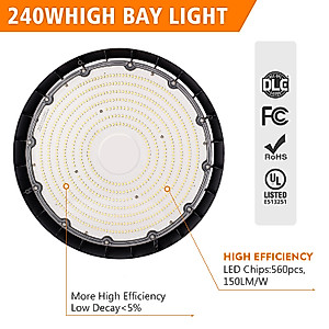 PATHBREAKER LED High Bay Light 240W UL&DLC Listed UFO High Bay LED Light 36000LM 0-10V Dimmable 6.6FT Cable&Plug 1000W MH/HPS Equiv.5000K Commercial Grade Pole Barn Warehouse Garage Shop Light