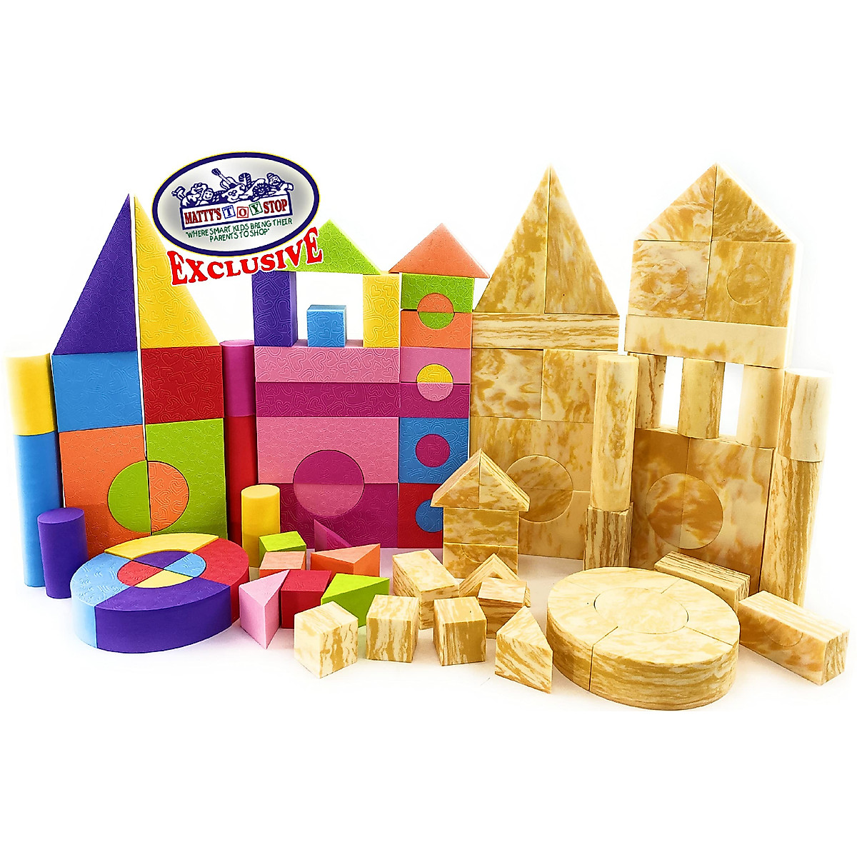 Matty's Toy Stop Deluxe EVA Soft Foam Colorful Building Blocks (52 PCS) & Wood Grain Soft Building Blocks (52 PCS) Gift Set Bundle with Carry Cases - 2 Pack (104 PCS Total)