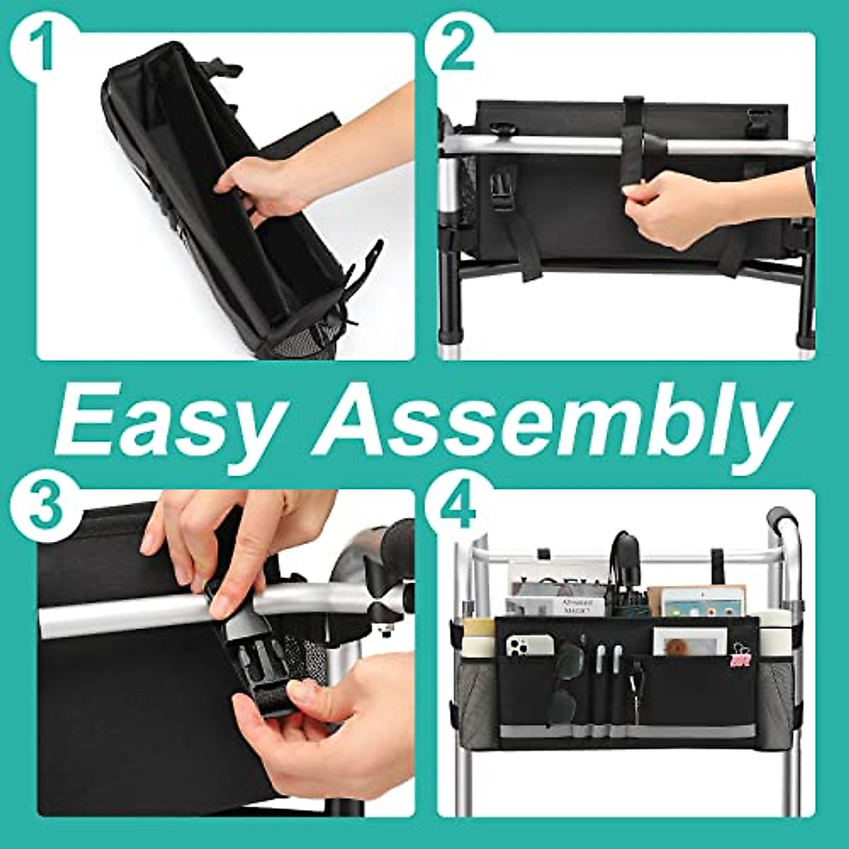 EXLIFBAG Walker Basket, Folding Walker Bag with Cup Holder, Walker Accessories for Seniors, Black