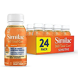 Similac 360 Total Care Sensitive Infant Formula, with 5 HMO Prebiotics for Fussiness & Gas Due to Lactose Sensitivity, Non-GMO, Baby Formula, Ready-to-Feed, 8 Fl Oz, Pack of 24