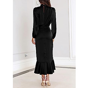 KIRUNDO Women's Fall Satin Mock Neck Wedding Guest Cocktail Midi Dress Long Sleeve Wrap Ruched Ruffle Formal Dresses(Black, Large)
