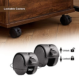 TUKAILAi Mobile File Cabinet with Lockable Drawer & Door, Under Desk Rolling Filing Cabinet with 4 Wheels, Wooden Stationery Storage Cabinet for Home Office (Rustic Brown)