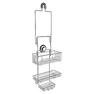 Gecko-Loc EXCLUSIVE Long Adjustable Length Hanging Bathroom Over the Shower head Hanger, Suction Cup Shower Caddy/Organizer - Deep Storage for large bottles - Stainless Steel (Silver)