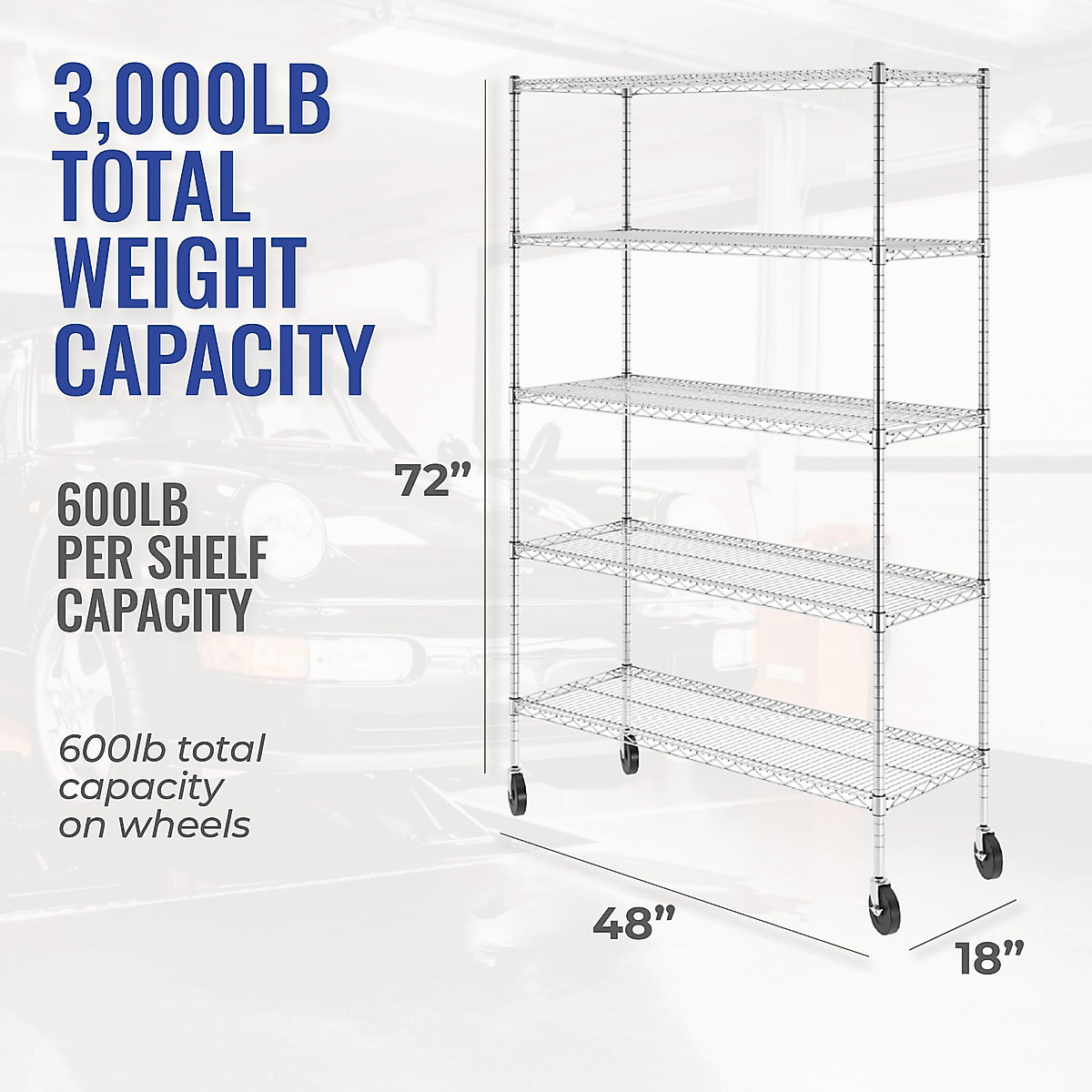 SafeRacks - NSF Certified Storage Shelves, Zinc, Heavy Duty Steel Wire Unit with Wheels and Adjustable Feet, Garage or Bakers Rack, Kitchen, Pantry Shelf - (18"x48"x72" 5-Tier) (Silver)