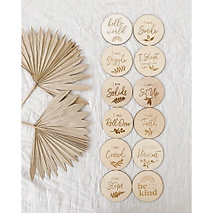 Baby Monthly Milestone Wooden Discs 12 Double Sided (24 Designs) Cards, Hello World Sign, Newborn Photo Props, Welcome Announcement, Hospital Birth Gift, Pregnancy Journey, Age Blocks