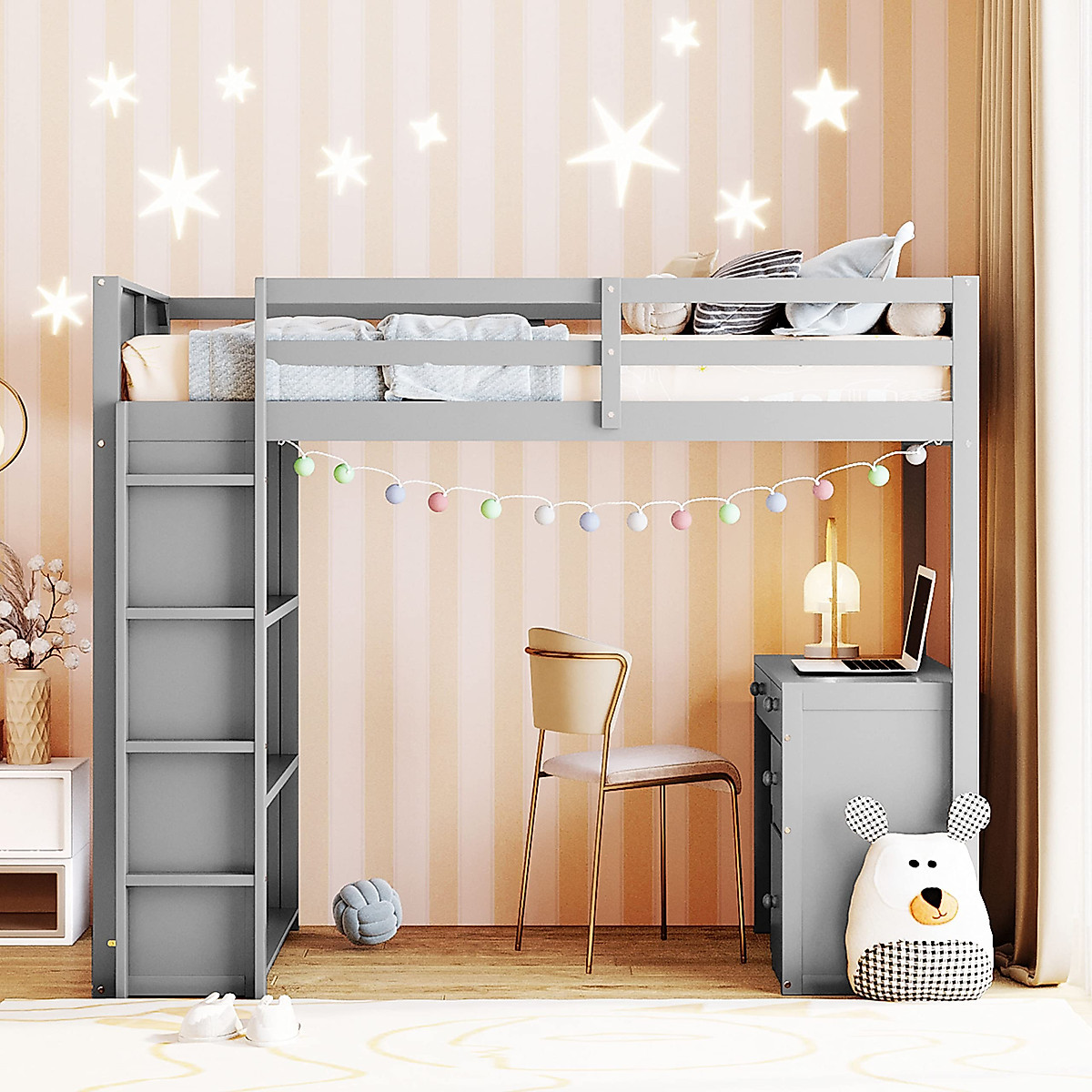 BIADNBZ Wooden Twin Size Loft Bed with Large Shelves Storage and Desk w/Built-in Drawers, Multifunctional LoftBed Frame w/Ladder for Kids Teens Adults Bedroom, Gray