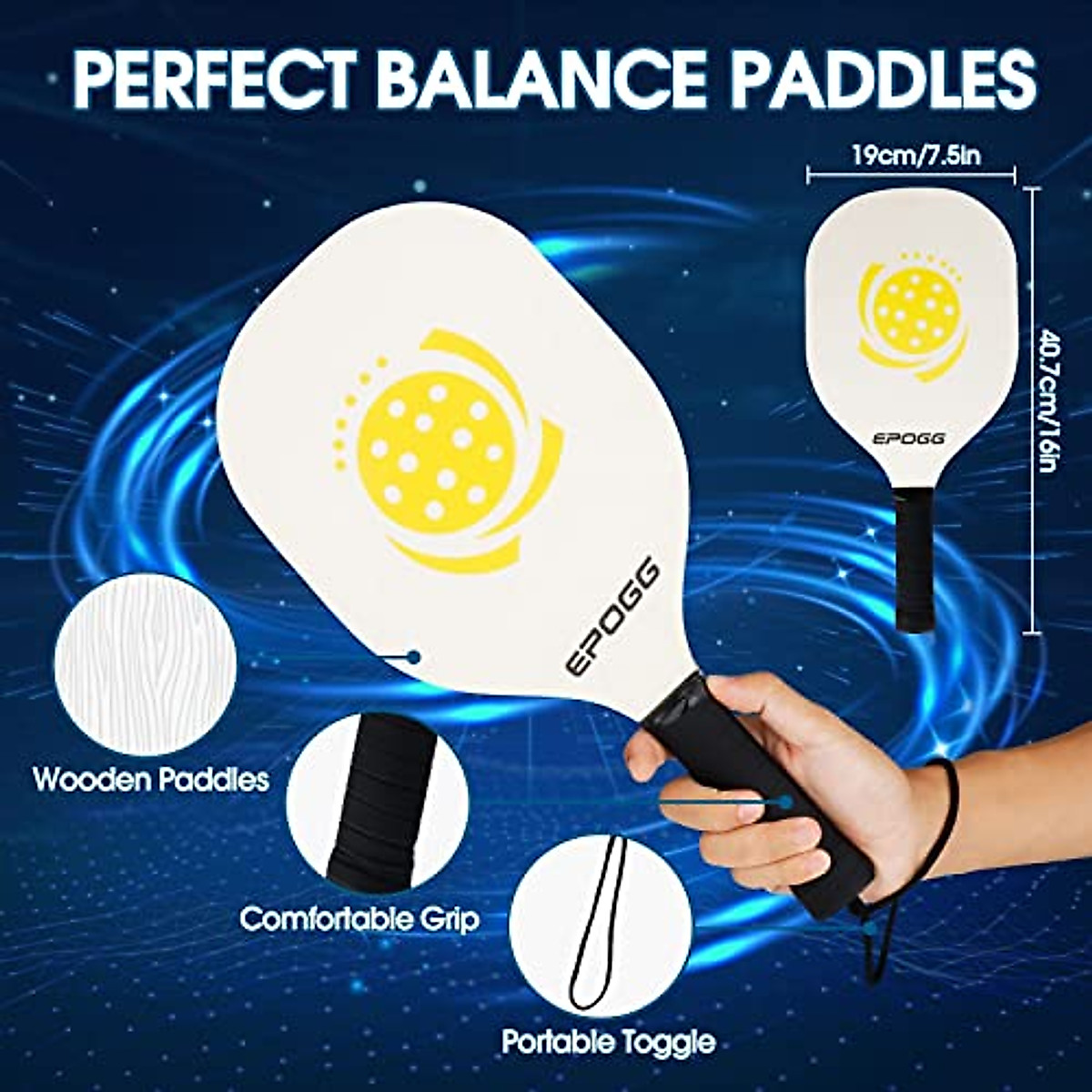 Portable Pickleball Net Set, EPOGG Official Size Pickleball Net System with 4 Pickleball Paddles, 2 Outdoor Pickleballs, Carry Bag and Heavy Duty Steel Frame for Professional Sports Training