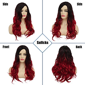 Sallcks Ombre Black to Red Wig Long Wavy Wig for Women Side Part Colored Synthetic Heat Resistant Wig for Daily Party Costume Halloween