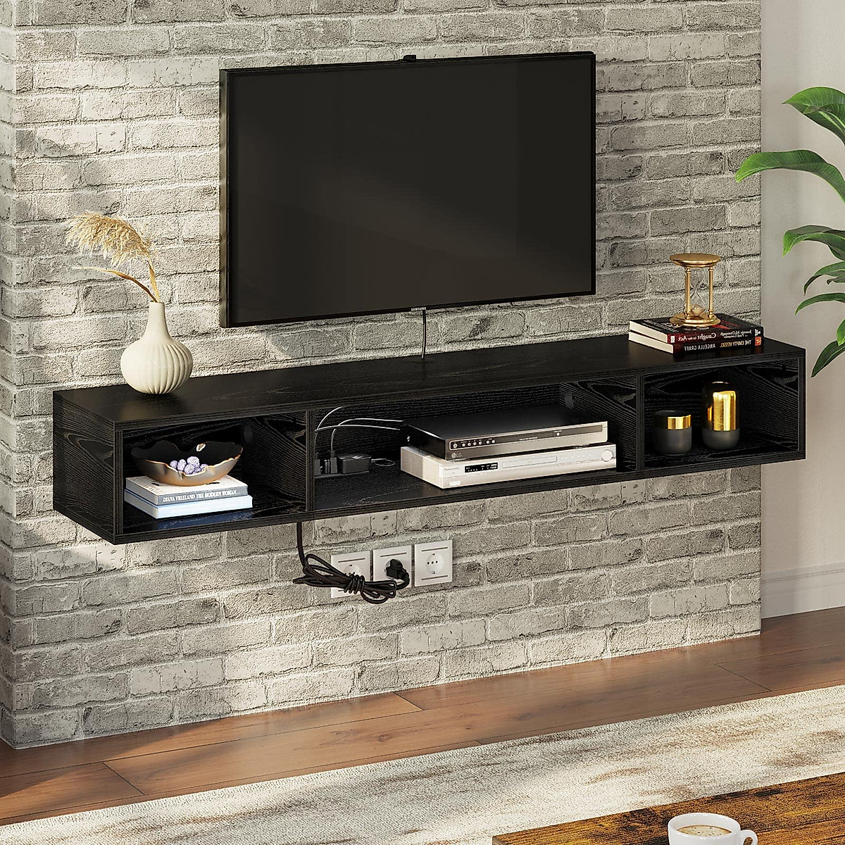 Rolanstar TV Stand with Power Outlet, Floating TV Stand with RGB Lights, 55.1" Wall Mounted TV Shelf, Black Media Console with Storage Shelf, Entertainment Shelf Under TV for Living Room, Bedroom