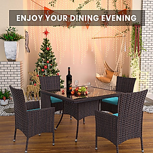 Trumbeak 10 Piece Outdoor Dining Set,Rattan Patio Conversation Set of 8 Chairs,Patio Dining Table and Chairs w/Cushions,Square Glass Tabletop,Umbrella Cutout for Patio,Blue