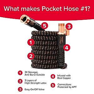 Pocket Hose Copper Bullet Expandable Garden Hose w/10 Pattern Thumb Spray Nozzle AS-SEEN-ON-TV 50 FT 650psi 3/4 in Patented Lead-Free Ultra-Lightweight Solid Copper Anodized Aluminum Fittings No-Kink