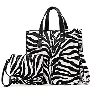 Shoulder Bag for Women Zebra Print Cows Deer Pattern PU Tote Purse Satchel Handbag Matching Clutch (Zebra print),Black and White