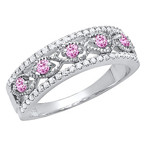 Dazzlingrock Collection 2.2 mm Each Round Pink Sapphire & White Diamond Ladies Anniversary Wedding Band | 925 Sterling Silver, Size 6.5