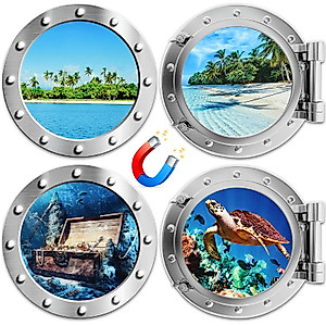 4 Pcs Cruise Door Decorations Magnetic Cruise Porthole Door Magnets Palm Tree Turtle Cruise Magnet The Sea Nature Scenery Fridge Decor for Carnival Cruise Refrigerator Car