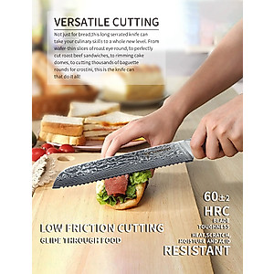 SANMUZUO 8” Bread Knife Serrated Kitchen Chef Knife - Damascus Steel & Resin Handle - Xuan Series (Sunset Red)