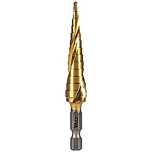 Klein Tools 25964 Step Drill Bit, 1/8 to 1/2-Inch, Spiral Double-Fluted, Cuts Thin Metal, Plastic, Aluminum, Wood, 1/4-Inch Hex Shank, VACO