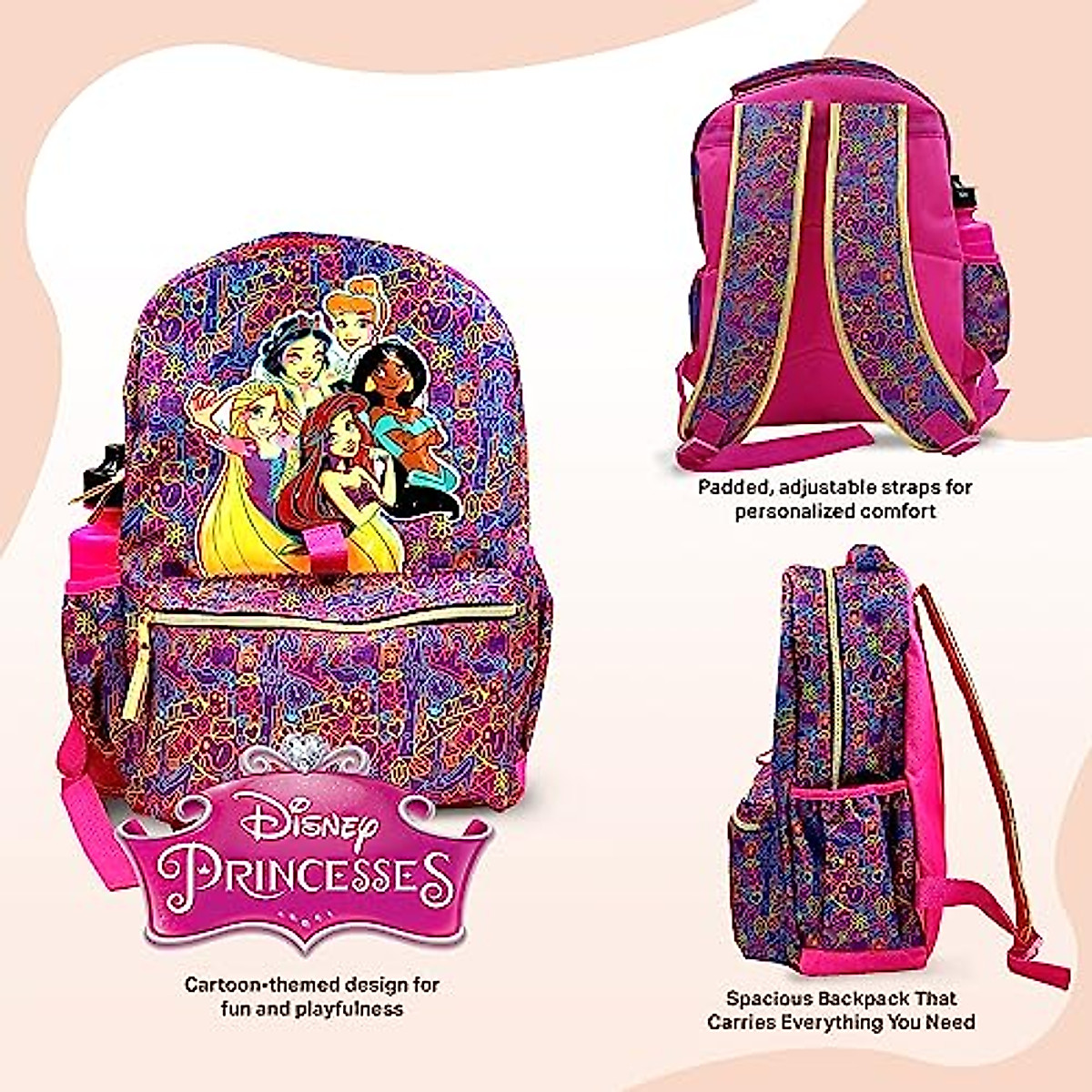 Disney Princess Backpack for Girls 16 inch - 6-Piece Set, Princess Bookbag with Lunch Box, Ideal for Back to School & Elementary Age Girls