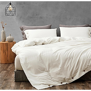 melingo Queen Duvet Covers, White Washed Cotton Duvet Cover Set, Soft, Cooling, Breathable Bedding Collection Set with Buttons Closure. Solid Color Quilt Cover (1 Comforter Cover + 2 Pillow Cases)