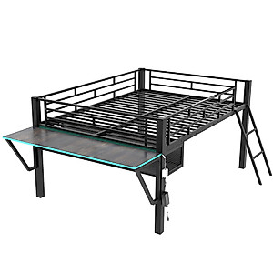 Bellemave Full Loft Bed with Desk, Gaming mid loft Bed with Desk, LED, Low loft Bed for Adults, Teens, Kids, Full loft Bed with Storage Space, Black